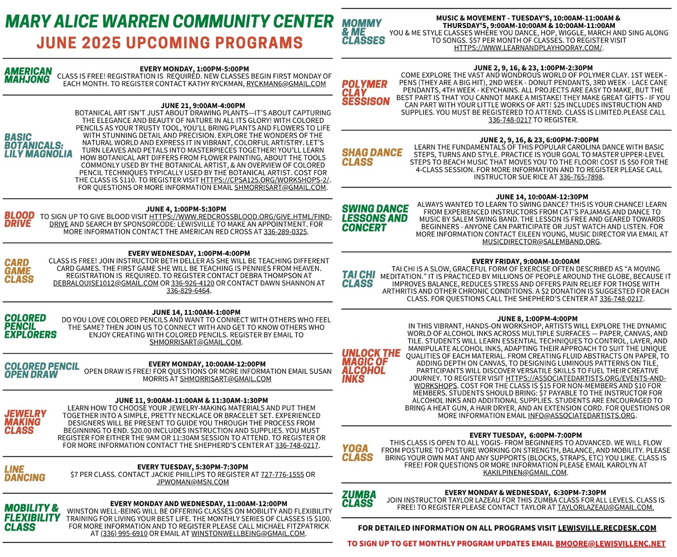 June 2025 Programs & Classes at MAWCC Announced | Town of Lewisville, NC